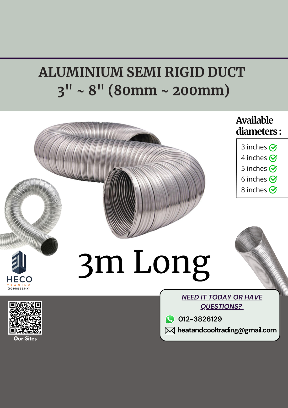 Semi Rigid Duct 3m long w Diameter [3 inches to 14 inches] – Heco Trading